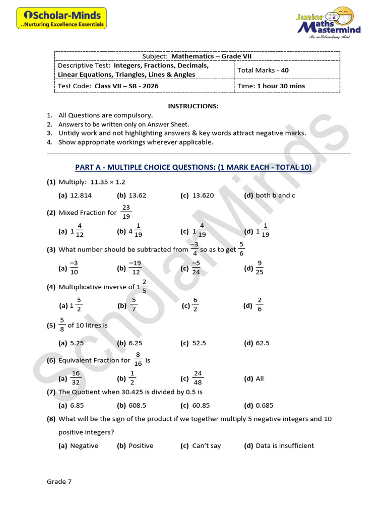 Grade 7 - Final - Descriptive Paper 1 | PDF | Integer | Numbers
