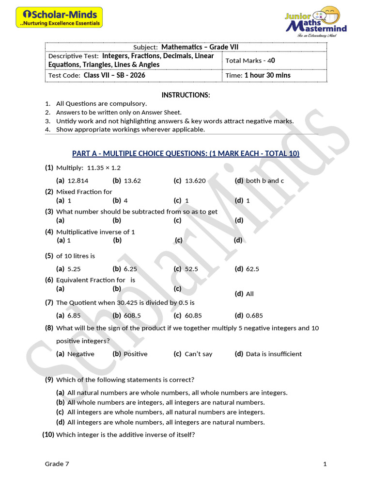 Grade 7 Math Test: Integers to Angles | PDF | Multiplication | Integer