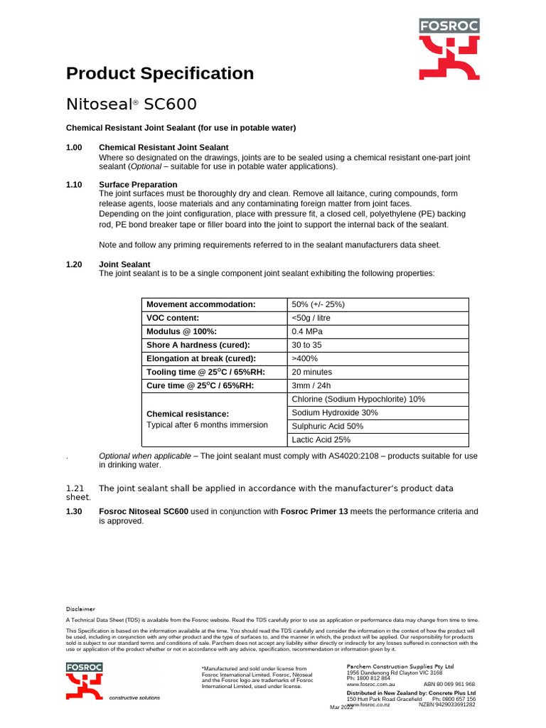 Fosroc Nitoseal SC600 Spec | PDF | Water | Drinking Water