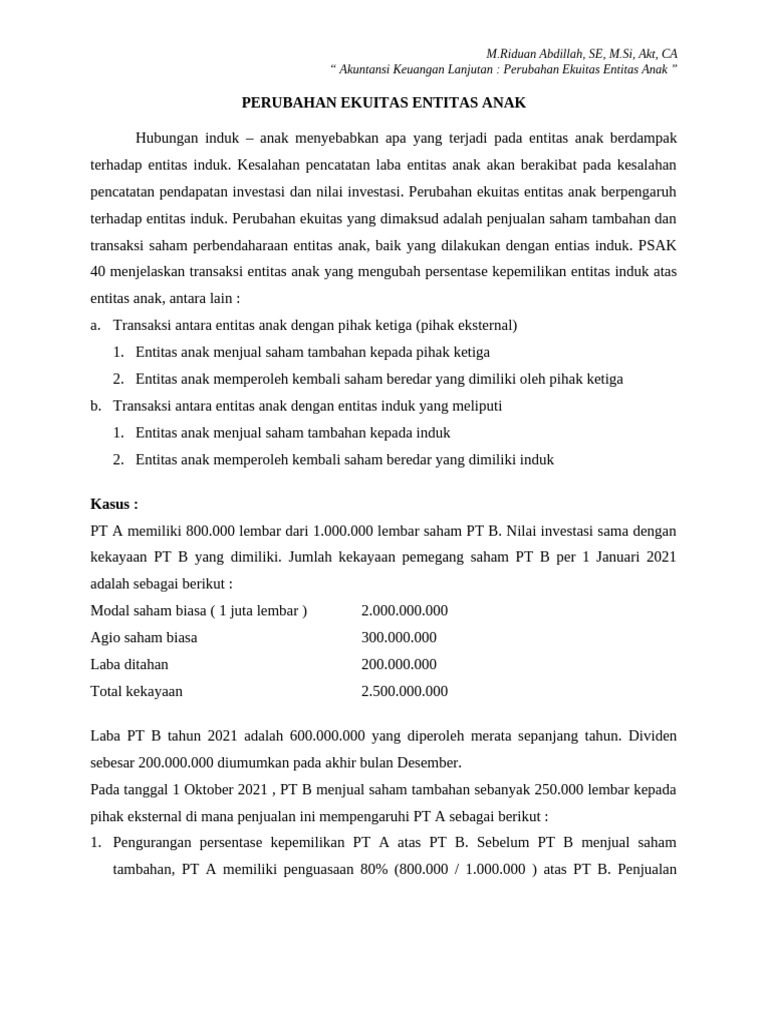 Dampak Perubahan Ekuitas Entitas Anak | PDF