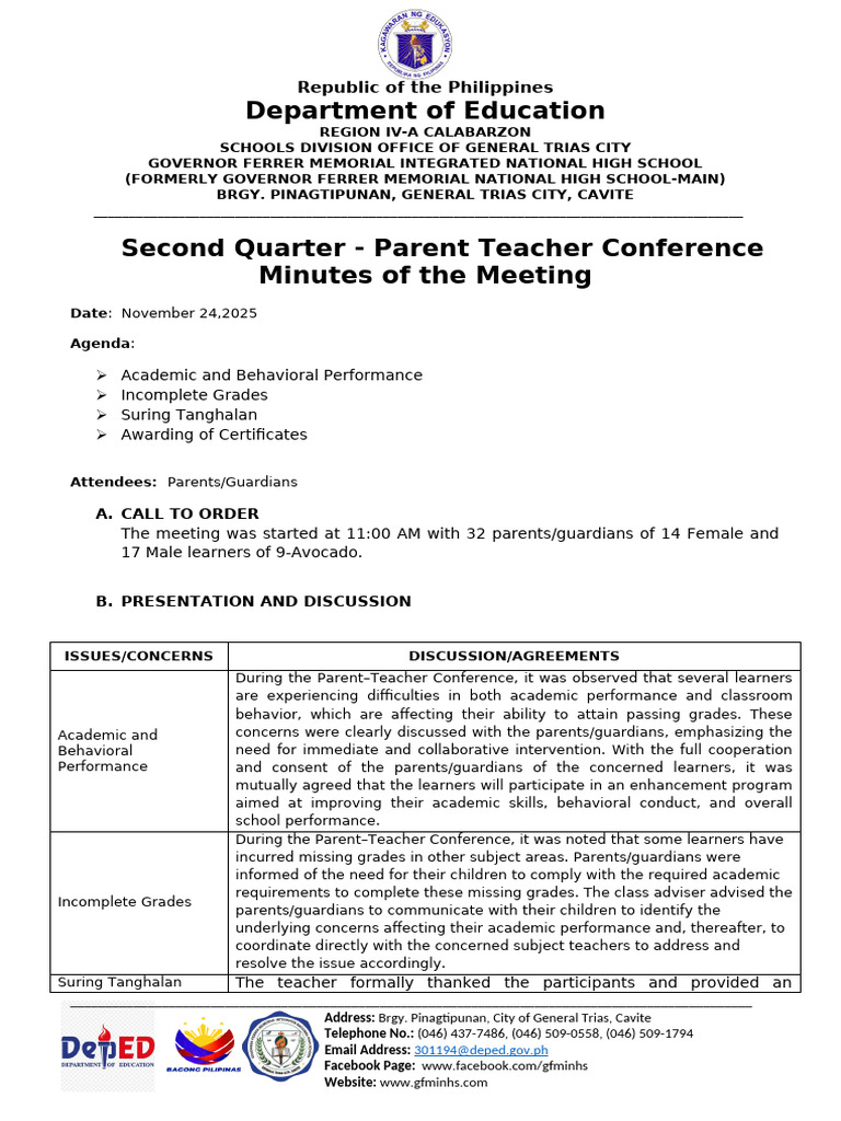 2nd Quarter Parent-Teacher Conference Minutes | PDF | Learning