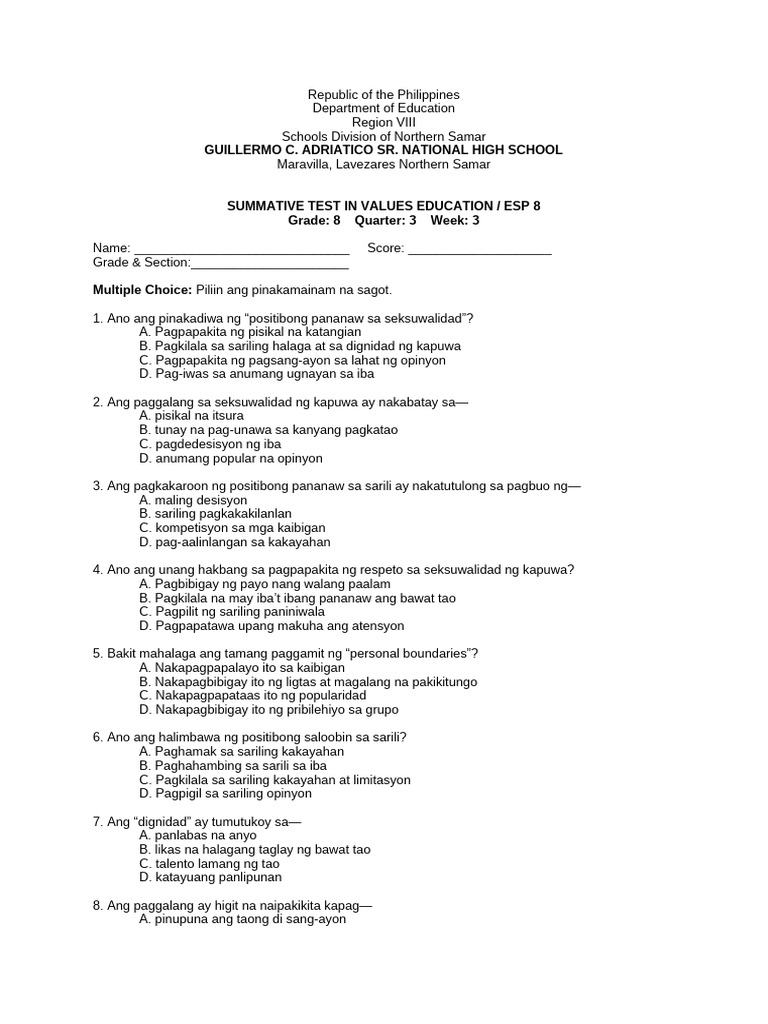 1ST QUIZ IN ESP 8 Q3 | PDF