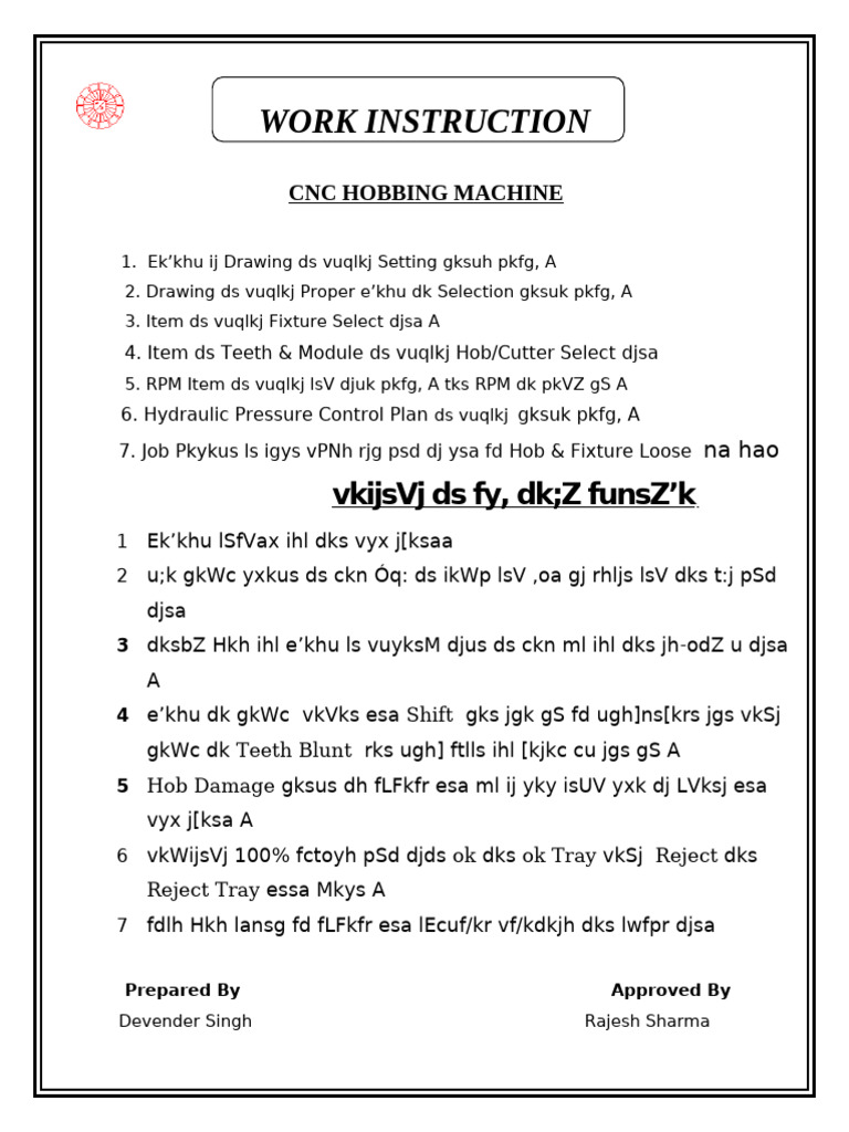 CNC Hobbing Machine Work Instruction | PDF