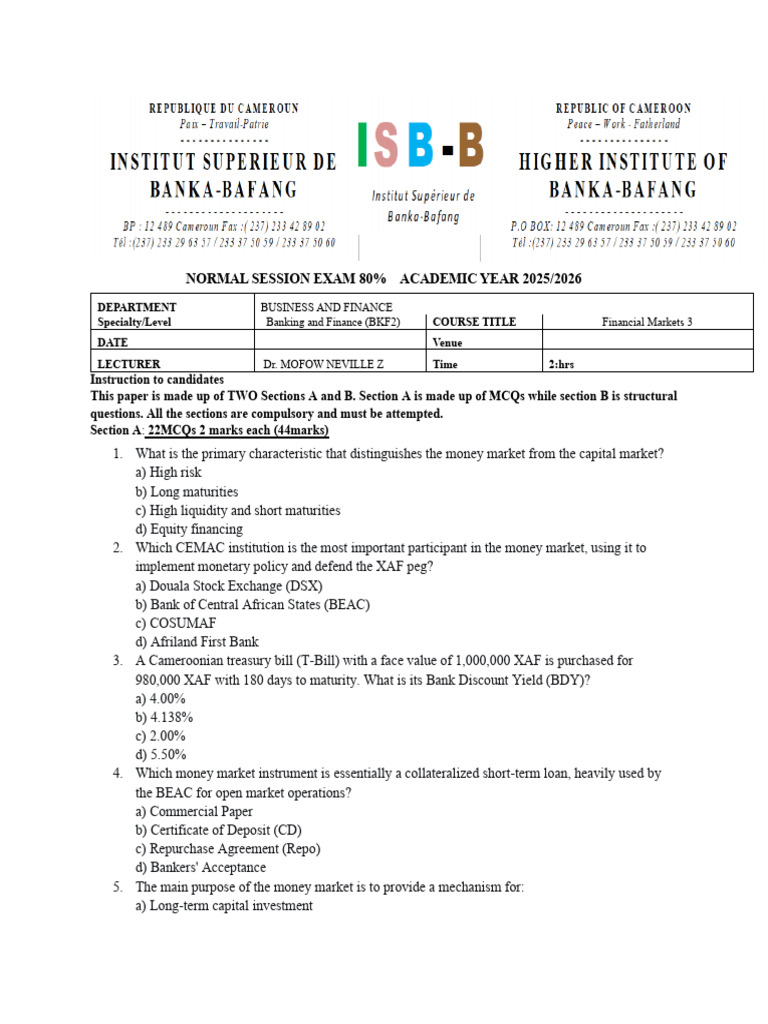 Financial Markets Exam 2025/2026 | PDF | Money Market | Stocks
