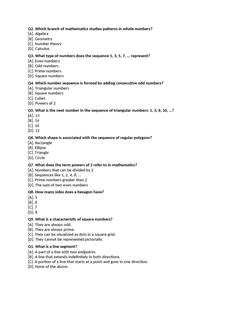 Mathematics Patterns and Concepts Quiz | PDF