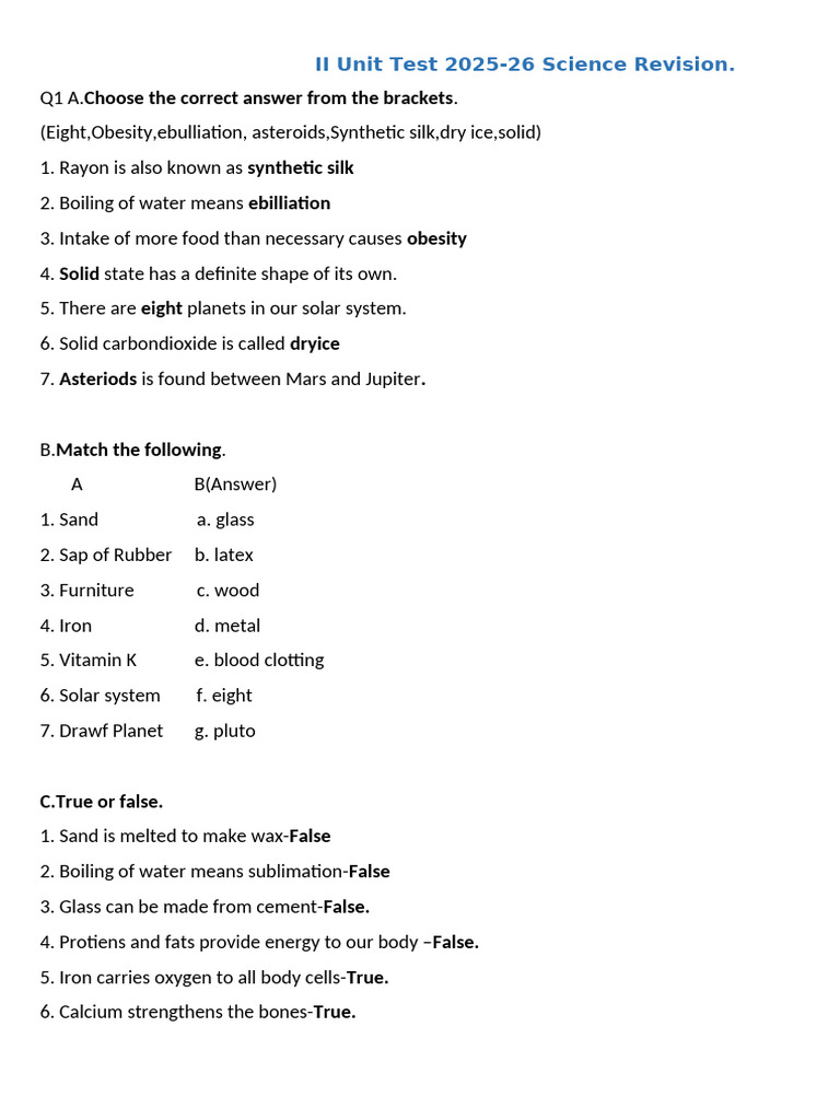 Science Revision Unit Test 2025-26 | PDF | Planets | Stars