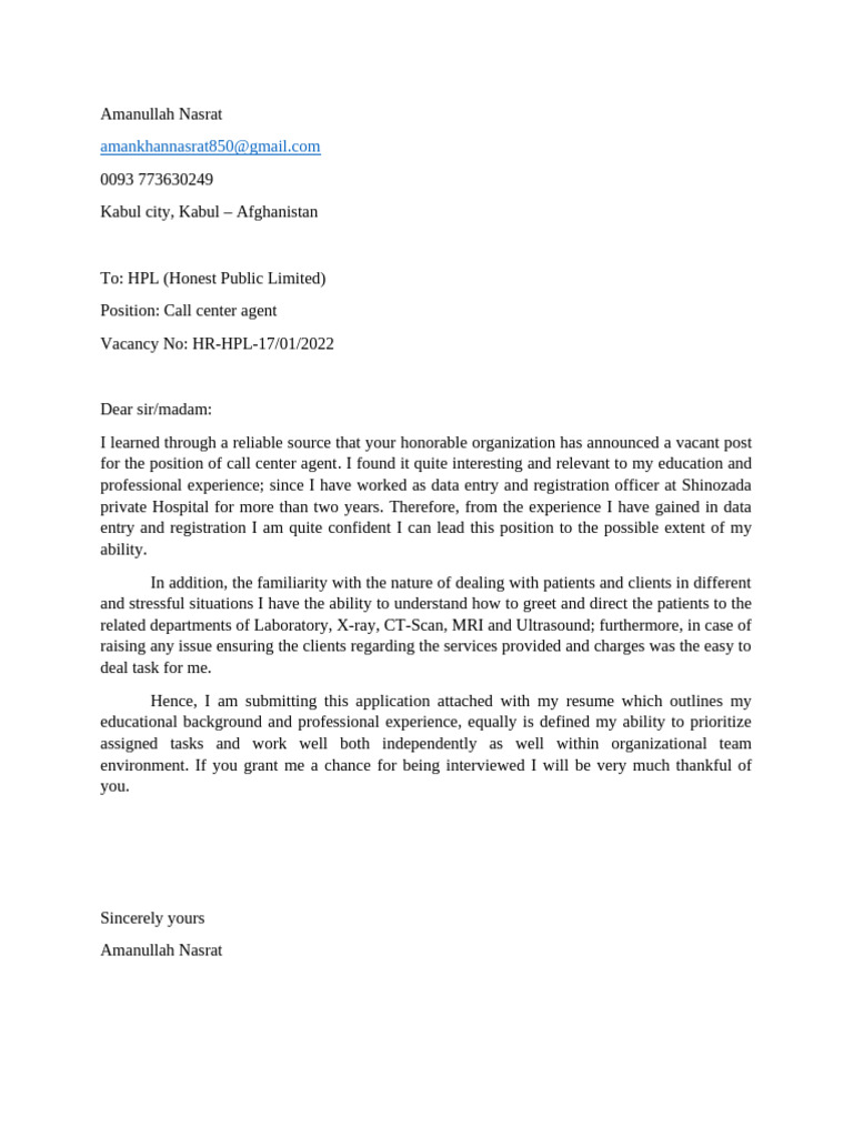 Application for Call Center Agent Position | PDF