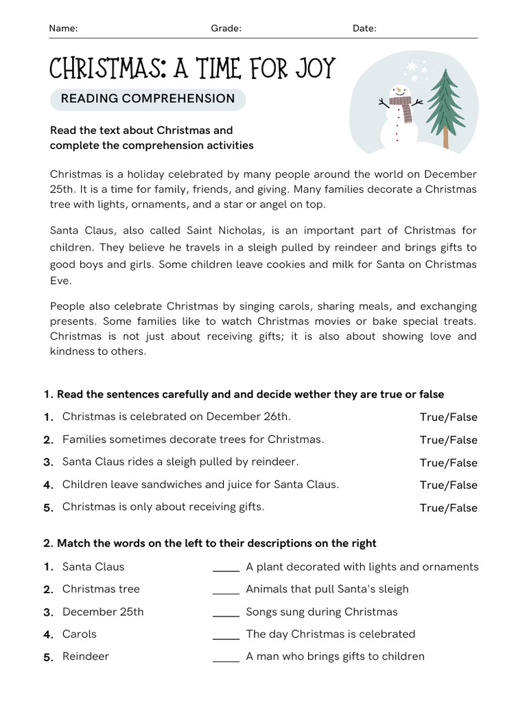 Christmas Reading Comprehension Activity Worksheet in Colorful Simple ...