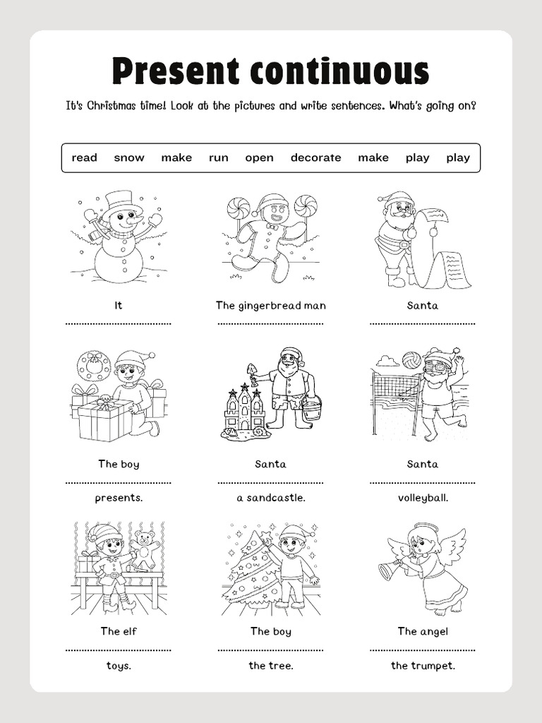 Present Continuous Christmas Worksheet in Black and White Illustrative ...