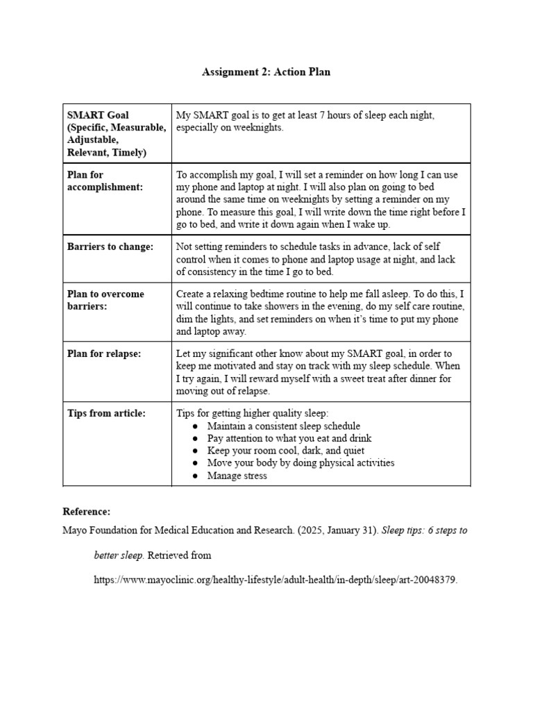 assignment 2_ action plan (1) | PDF | Sleep | Goal