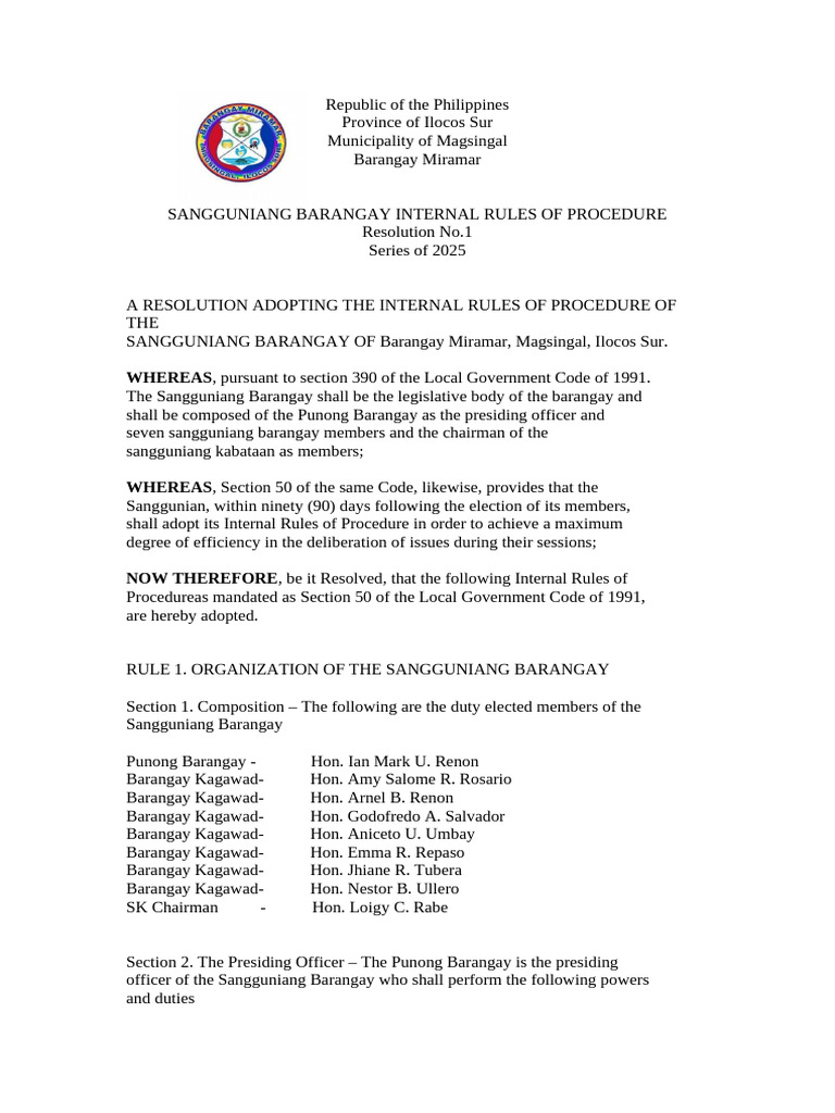 Barangay Miramar Internal Rules 2025 | PDF | Quorum | Government