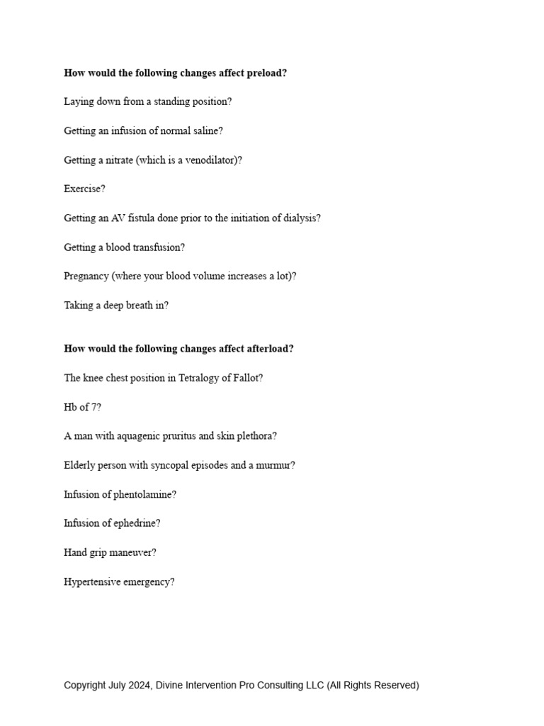 Effects of Physiological Changes on Preload and Afterload | PDF