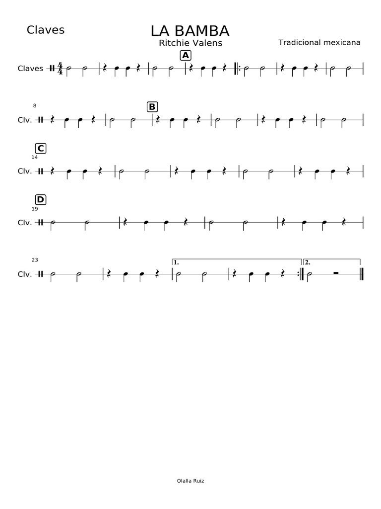 La Bamba Sheet Music for Claves | PDF