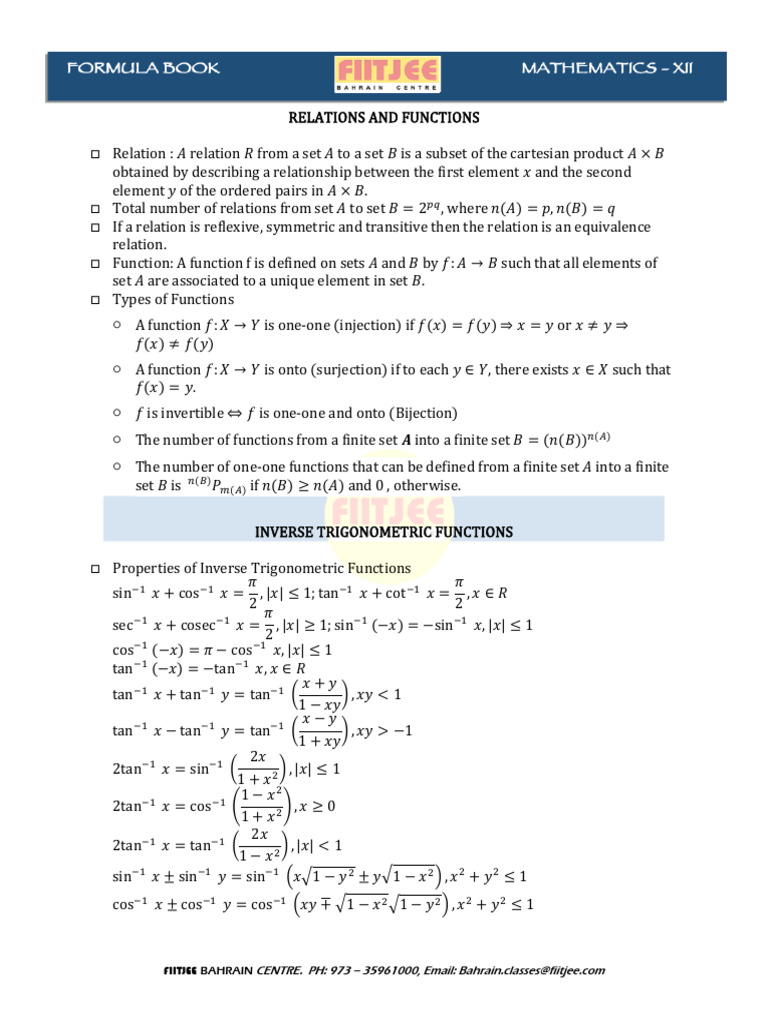 Formula Book Xii Math 2025 | PDF | Function (Mathematics) | Mathematics
