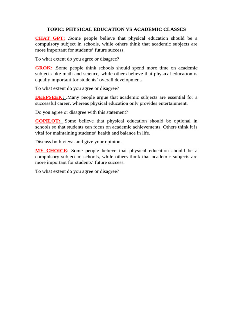 Topic -Physical education vs. academic classes | PDF | Physical ...