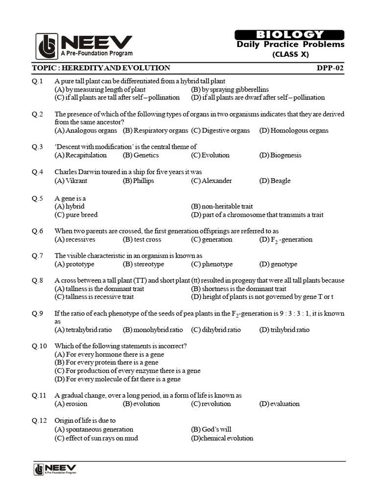 DPP-2_Heredity & Evolution | PDF | Dominance (Genetics) | Evolution