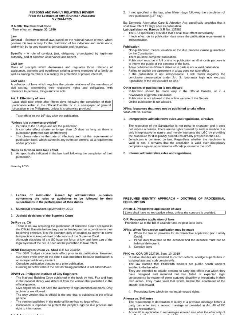 Civil Code Overview and Law Effectivity | PDF | Precedent | Annulment
