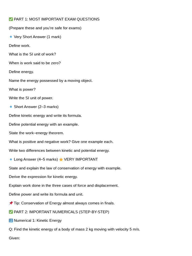 Key Exam Questions on Work and Energy | PDF
