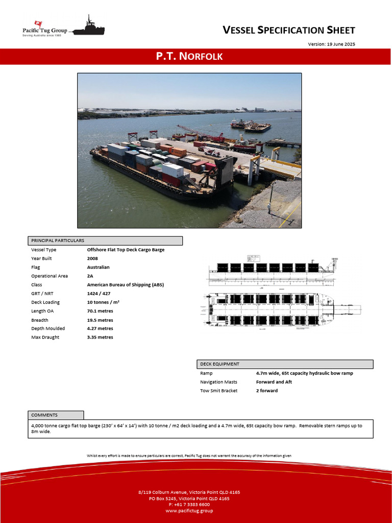 Offshore Flat Top Deck Cargo Barge Spec Sheet - P.T. Norfolk | PDF