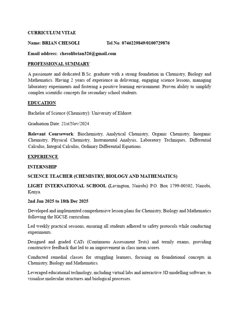 B.Sc. Science Teacher CV - Brian Chesoli | PDF | Science Education ...