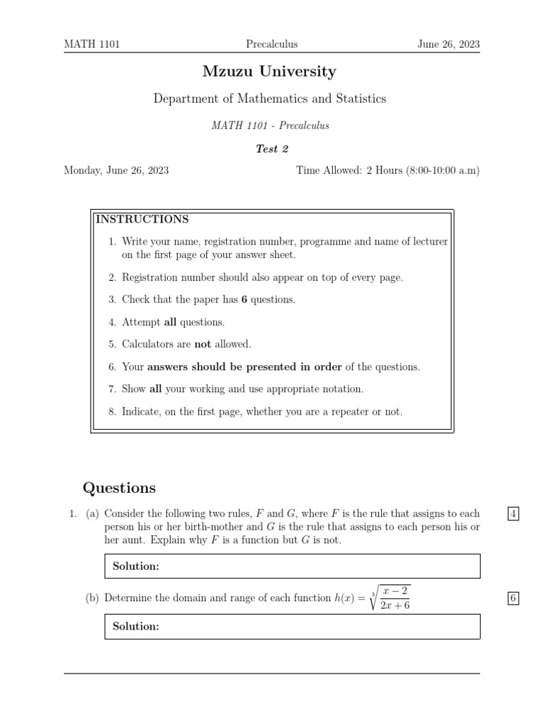 MATH 1101 Precalculus Test 2 Instructions | PDF | Function (Mathematics ...