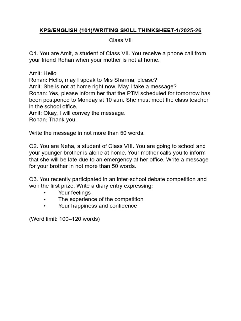 Class VII Writing Skills Worksheet | PDF