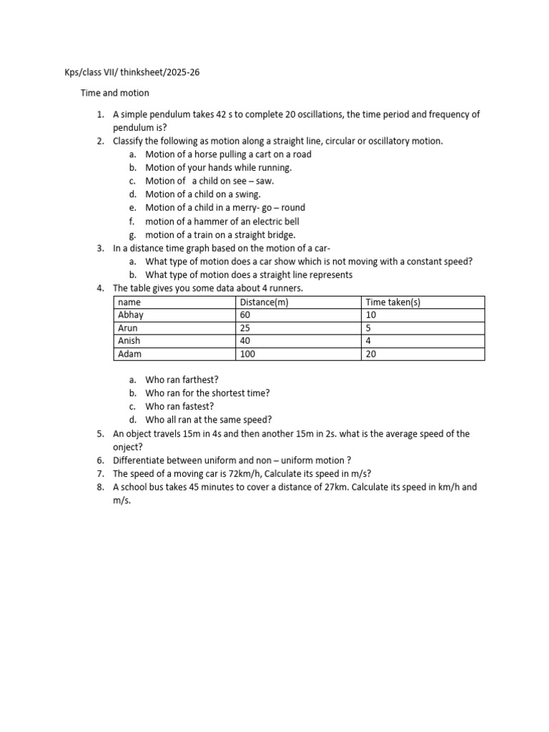 Time and Motion Concepts for Class VII | PDF