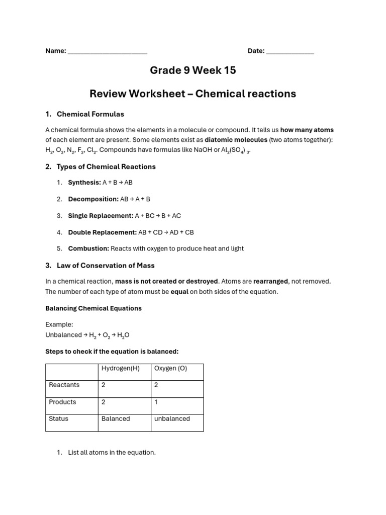 Grade 9 Chemical Reactions Review Worksheet | PDF
