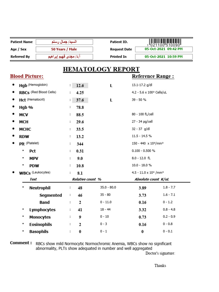 Hematology Report for Male Patient | PDF | White Blood Cell | Anatomy