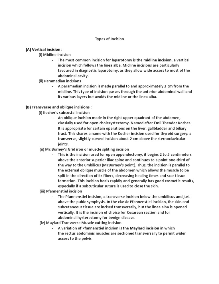 Types of Surgical Incisions Explained | PDF