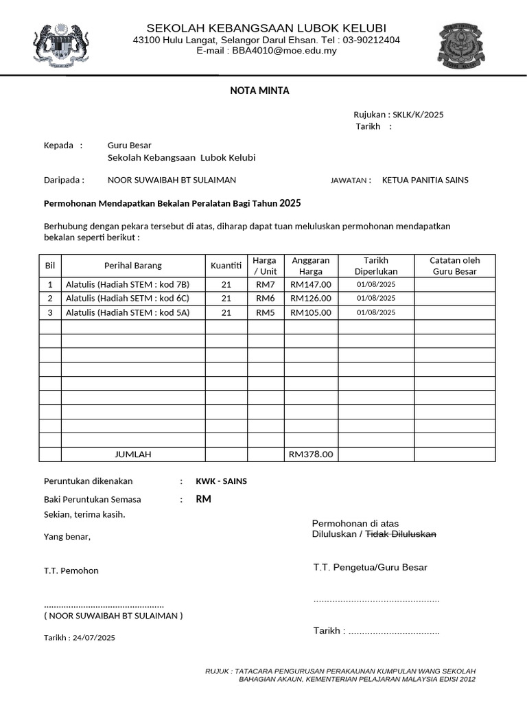 NOTA MINTA - Hadiah Panitia Sains | PDF