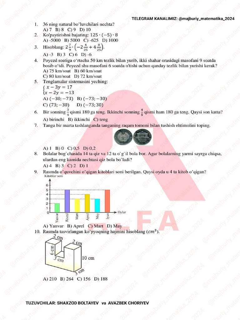 ALFA Majburiy Matematika 18-Kun Savollari | PDF