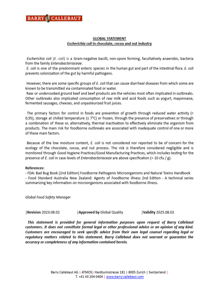 o Escherichia Coli in Chocolate Cocoa and Nut Industry - Valid Until ...