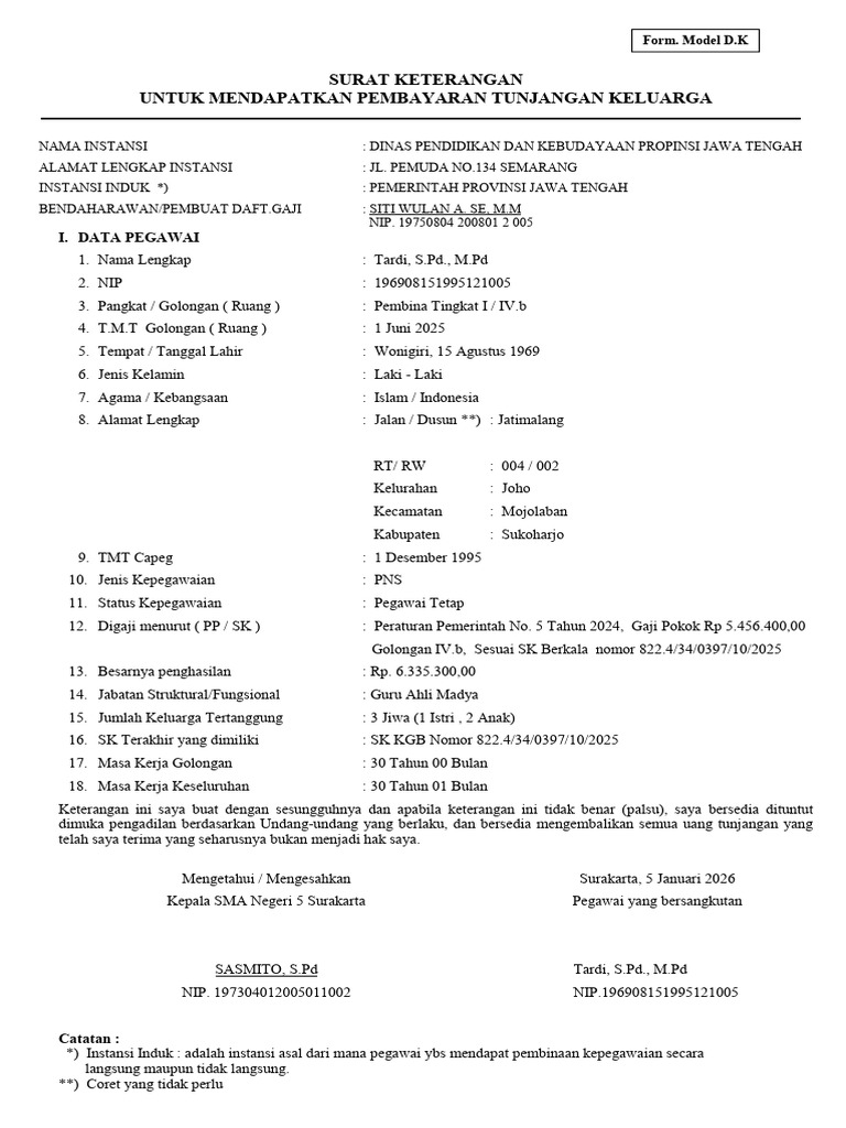 Surat Keterangan Tunjangan Keluarga PNS | PDF