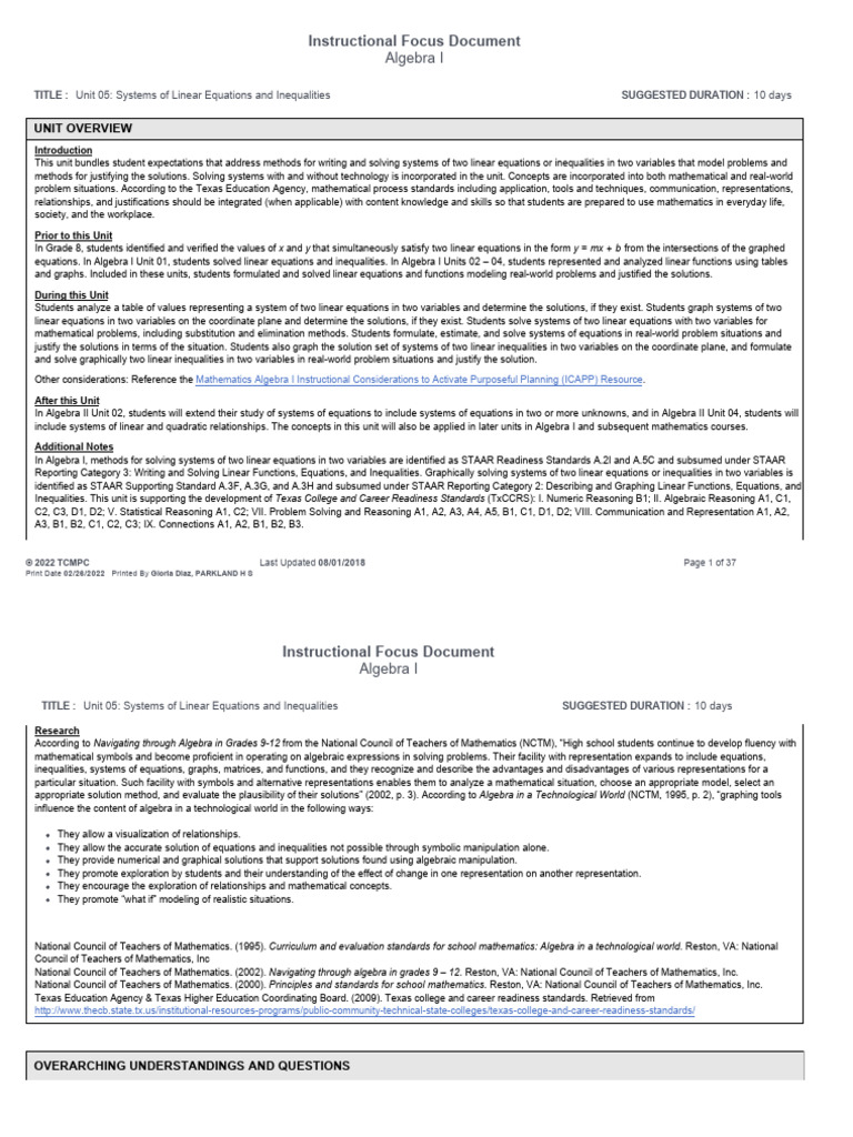 Unit 05 - Systems of Linear Equations and Inequalities | PDF ...