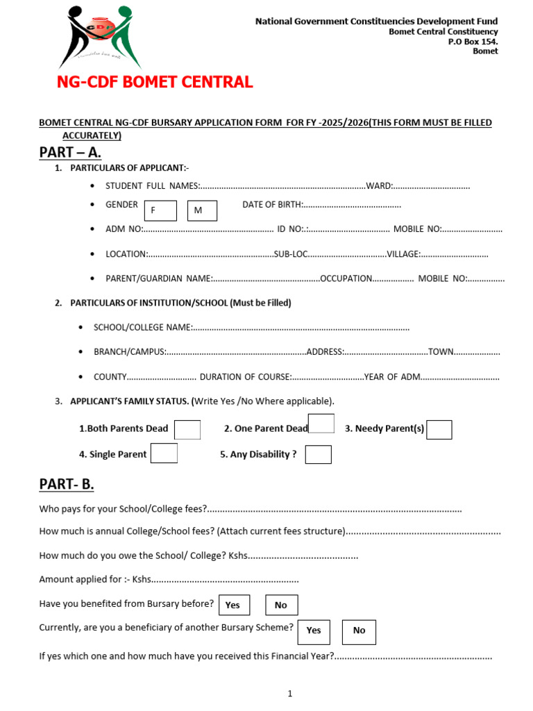 Bomet Central NG-CDF Bursary Application Form | PDF