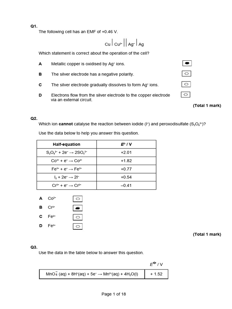Electrochemistry Fuel Cells and Battery Qs | PDF | Fuel Cell | Electrode