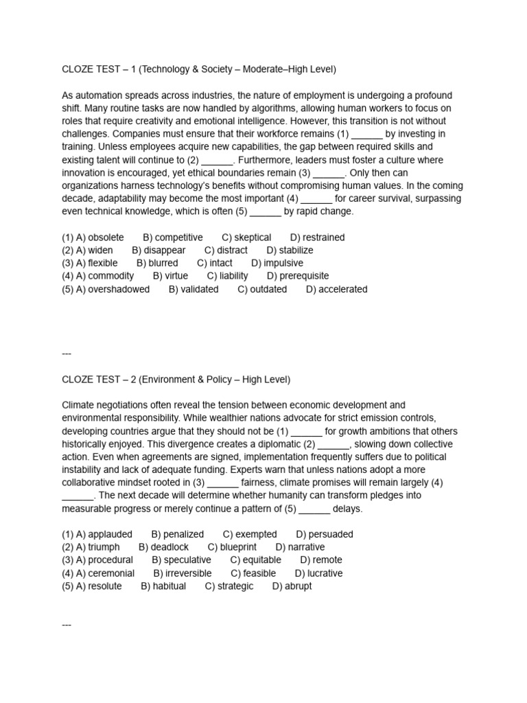 5 Cloze Tests | PDF | Behavioural Sciences | Psychological Concepts