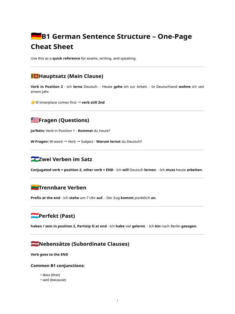 B1 German Sentence Structure - One Page Cheat Sheet | PDF