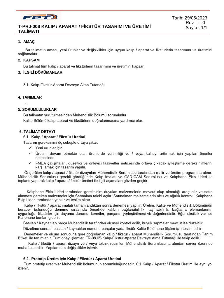 T PRJ 008 00 Kalıp Aparat Fikstür Tasarımı Ve Üretimi Talimatı | PDF