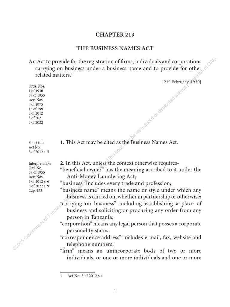 Cap. 213 Business Names (Registration) Act, R.E 2023 - MD, Mendez | PDF | Domain Name Registrar ...