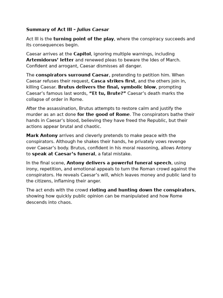 Summary of Act 3 Julius Caesar by William Shakespeare | PDF