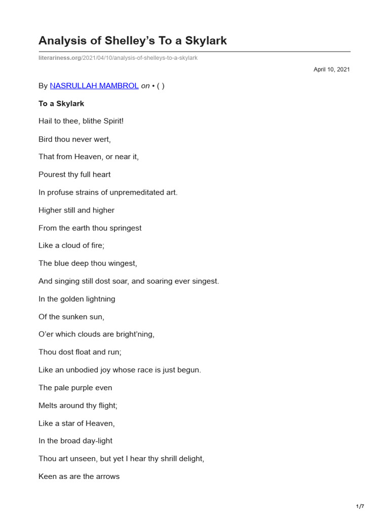 Literariness.org-Analysis of Shelleys to a Skylark (2) | PDF | Poetry ...
