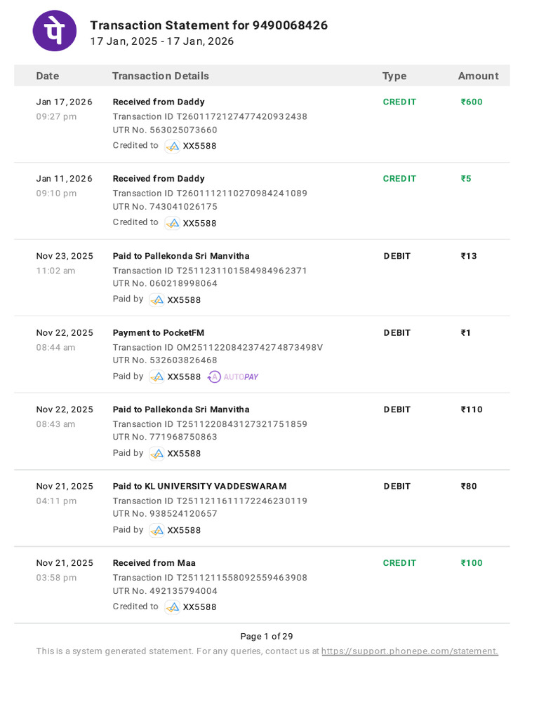 Transaction Statement 9490068426 | PDF | Debit Card | Debits And Credits
