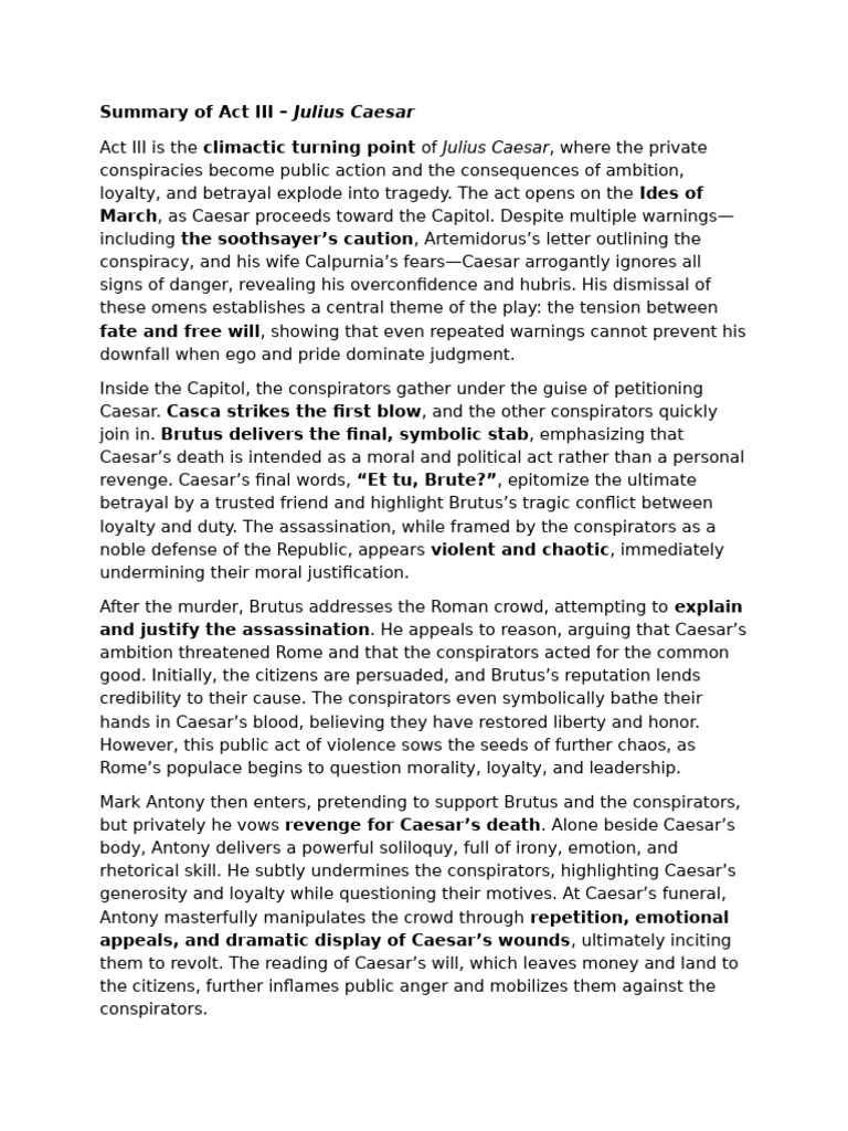 Summary of Act 3 Julius Caesar by William Shakespeare | PDF | Julius ...