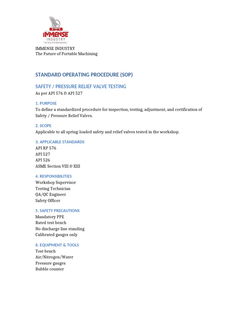 SOP for Safety Relief Valve Testing | PDF