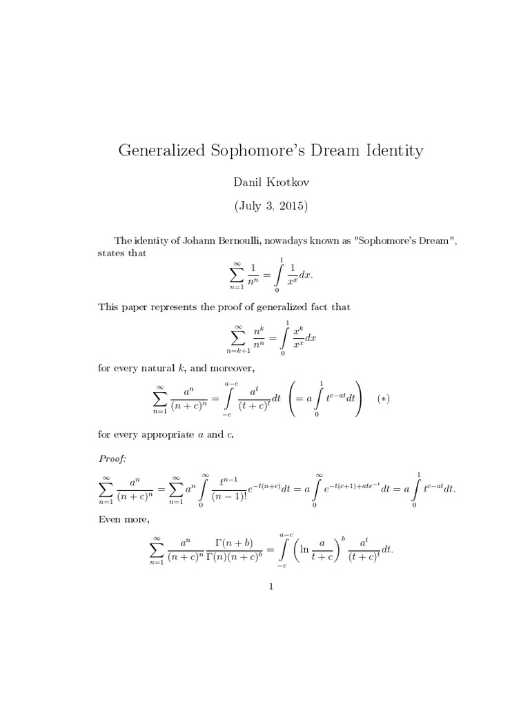 Generalized Sophomore's Dream Identity Proof | PDF