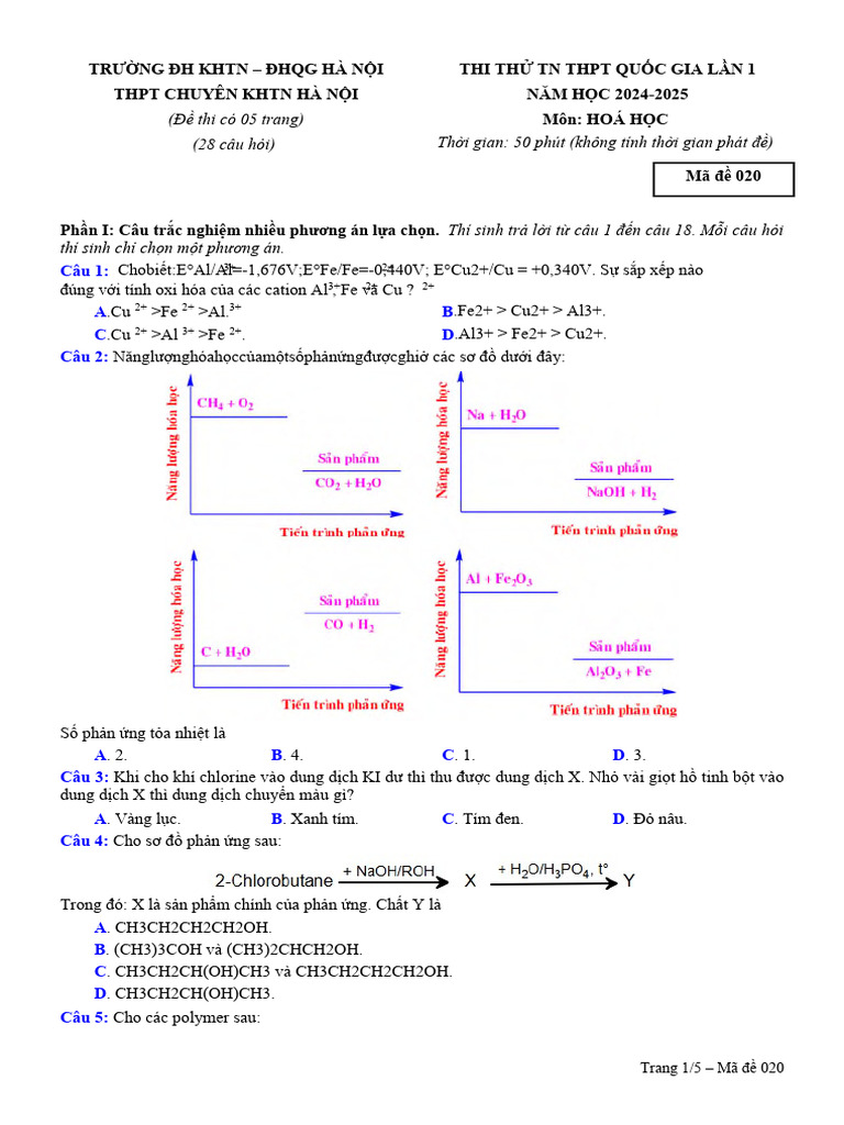 19. Đề Thi Thử Tốt Nghiệp THPT 2025 Môn Hóa Học - Chuyên KHTN Hà Nội ...