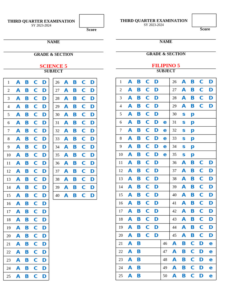 Answer Sheets | PDF