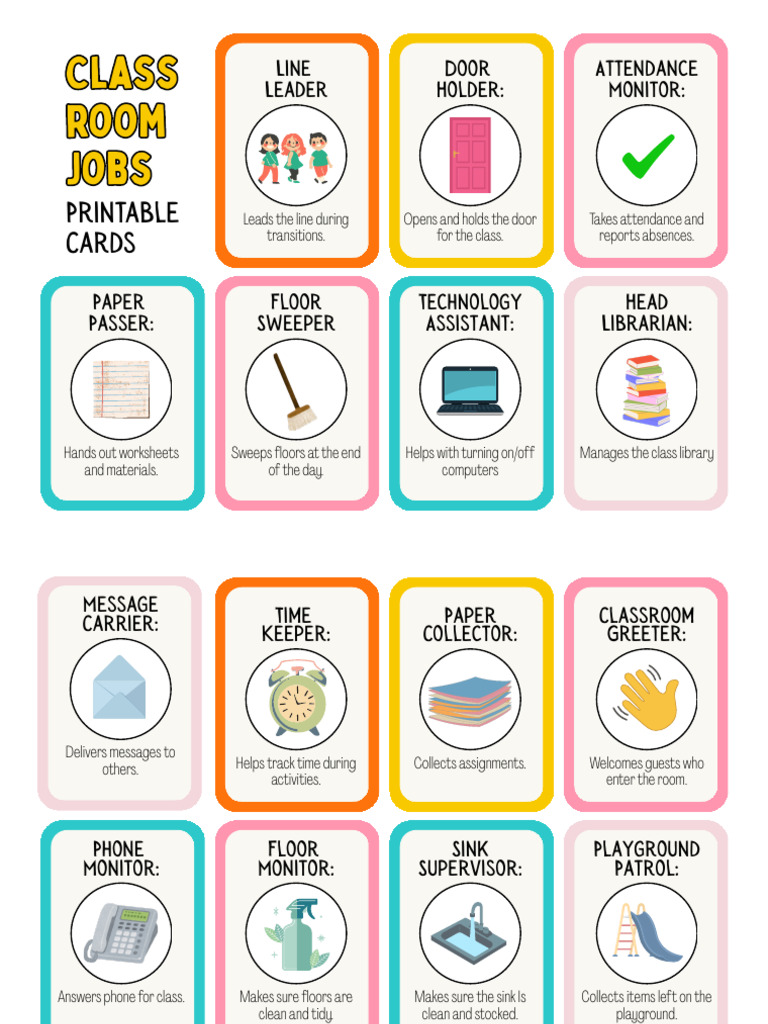 Classroom Jobs Printable Flashcards Bright Colored Illustrated Style ...